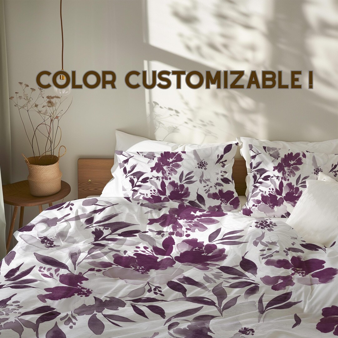 Watercolor Floral Duvet Cover: Plum & Dark Purple Botanical Bedding ...