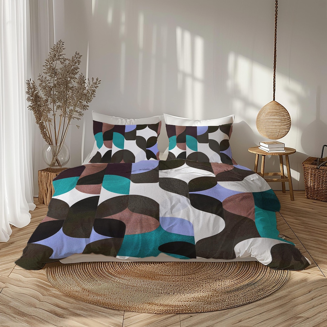 Colorful Midcentury Modern Geometric Pattern Duvet Cover, Teal Purple ...