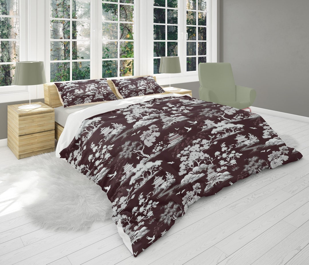 Dark Red Maroon Chinoiserie Duvet Cover, Maximalist Bedding, Oriental ...