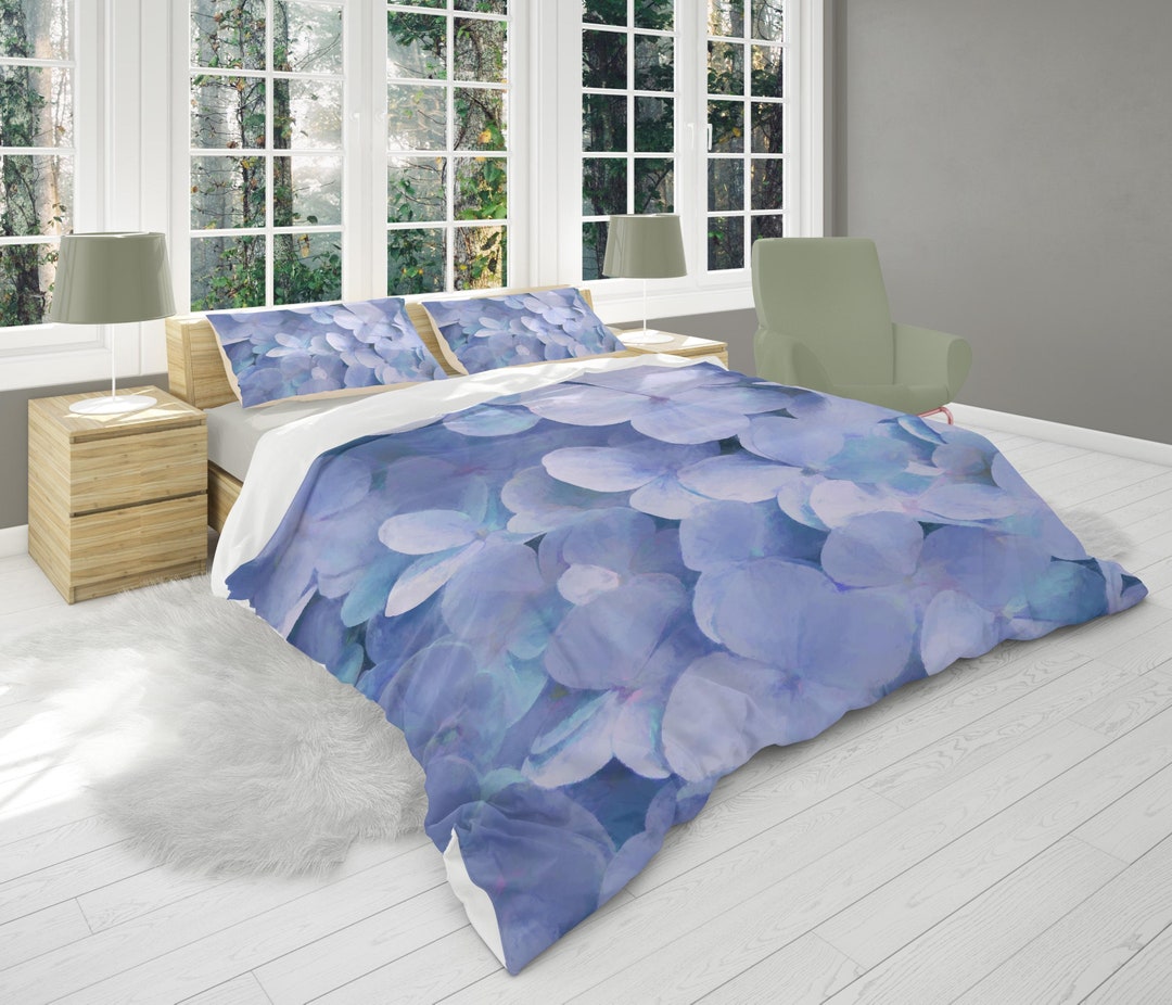 Light Blue Blooming Hydrangea Flowers Duvet Cover, Bold Pastel Bedding ...