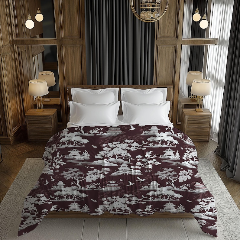 Dark Red Maroon Chinoiserie Duvet Cover, Maximalist Bedding, Oriental ...