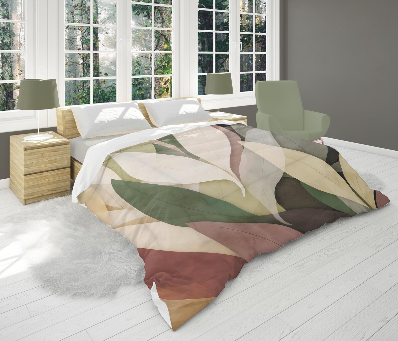 Earthtone Abstract Leaves Comforter , Elegant Boho Cottagecore Bedding ...