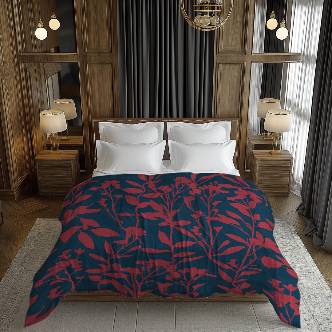 Blue and Red Nature Tree Block Print Comforter : Moody Forest Bedding ...