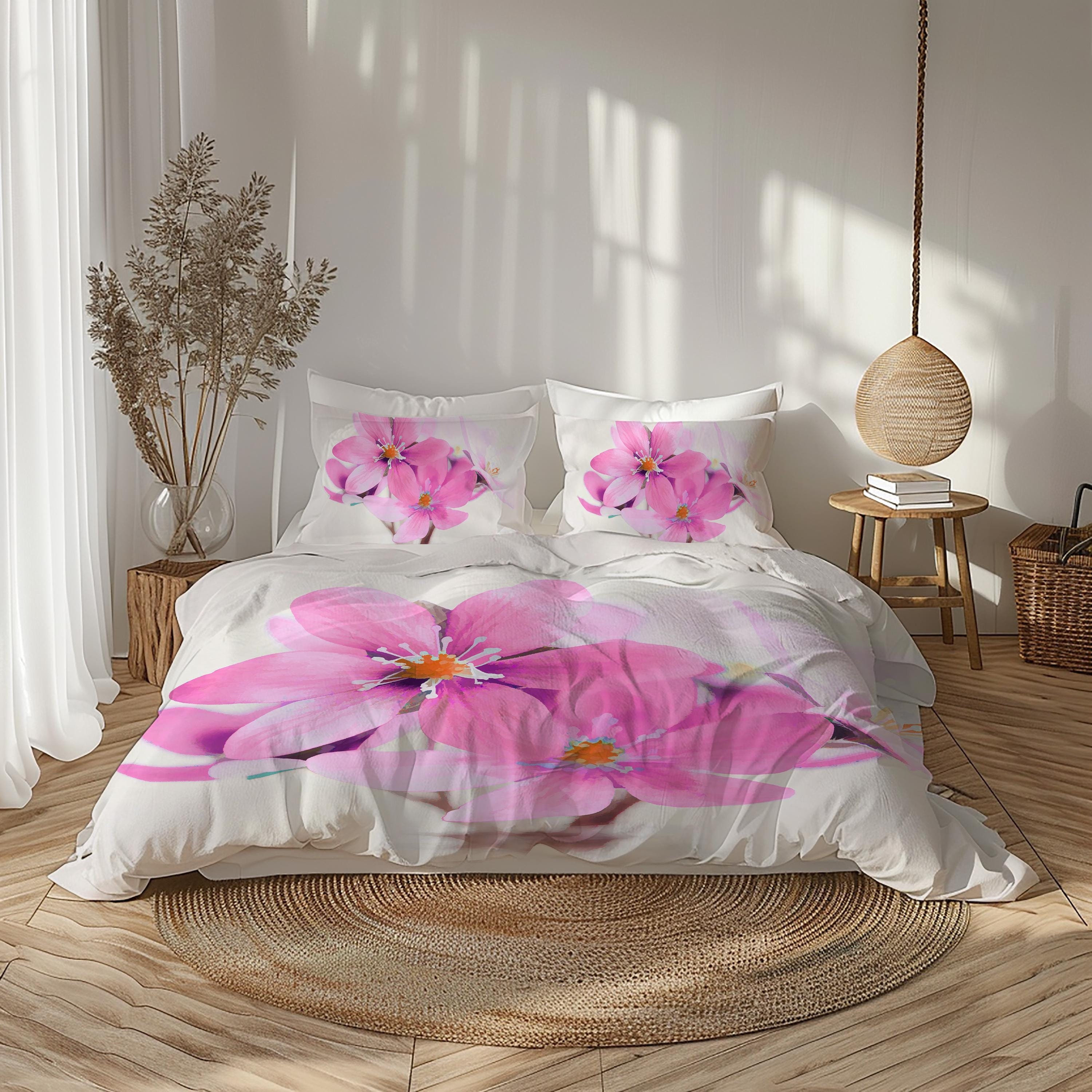 Bright Pink Floral Duvet Cover Set, Minimalist Duvet Cover, Pink Pastel ...