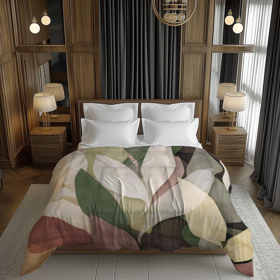 Earthtone Abstract Leaves Comforter , Elegant Boho Cottagecore Bedding ...