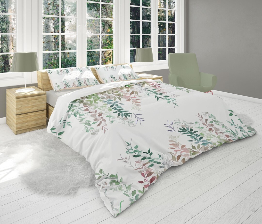 Green and Red Vine Garden Duvet Cover, Elegant Floral Botanical Bedding ...