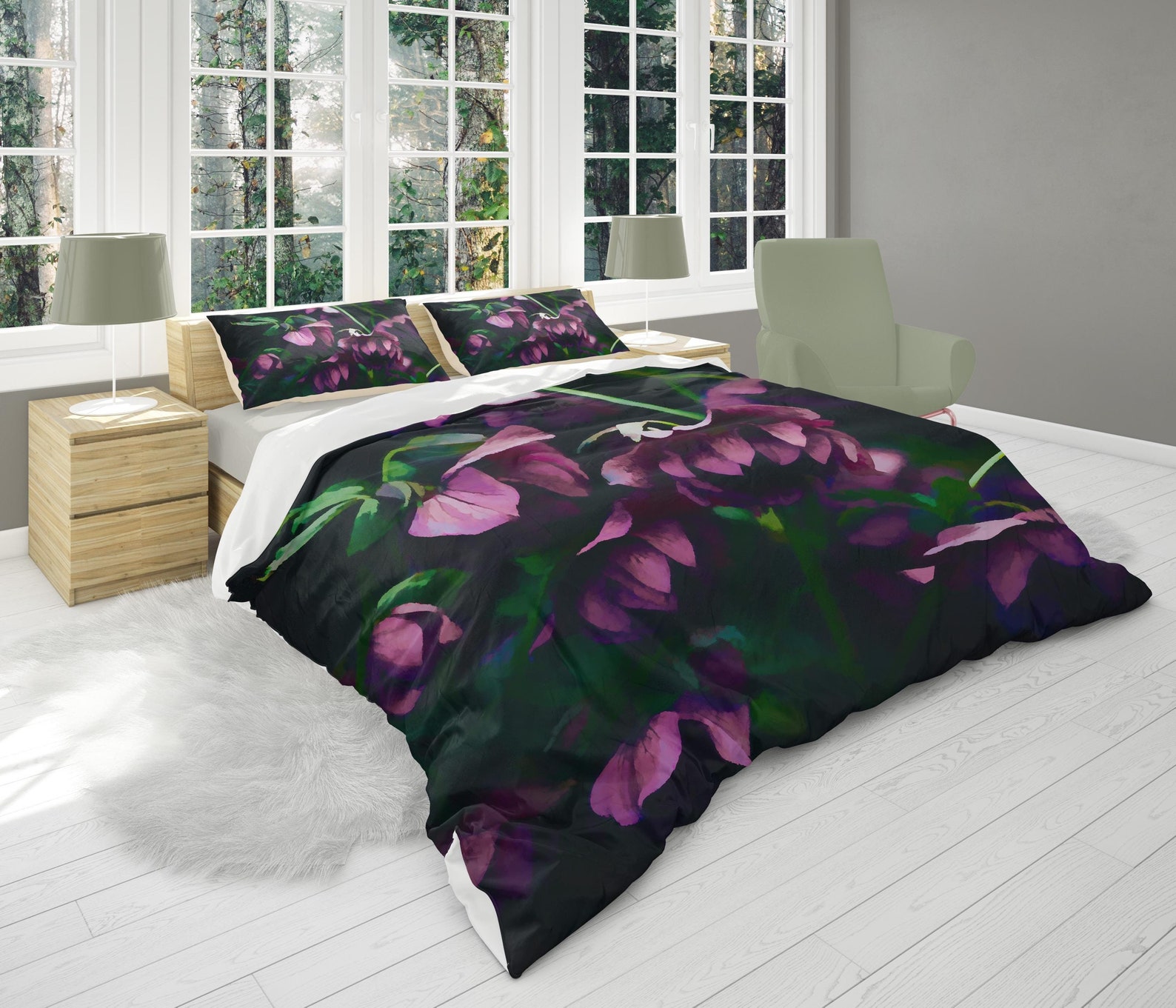 Purple Flower Duvet Cover, Floral Duvet Cover, Botanical Moody Bedding ...