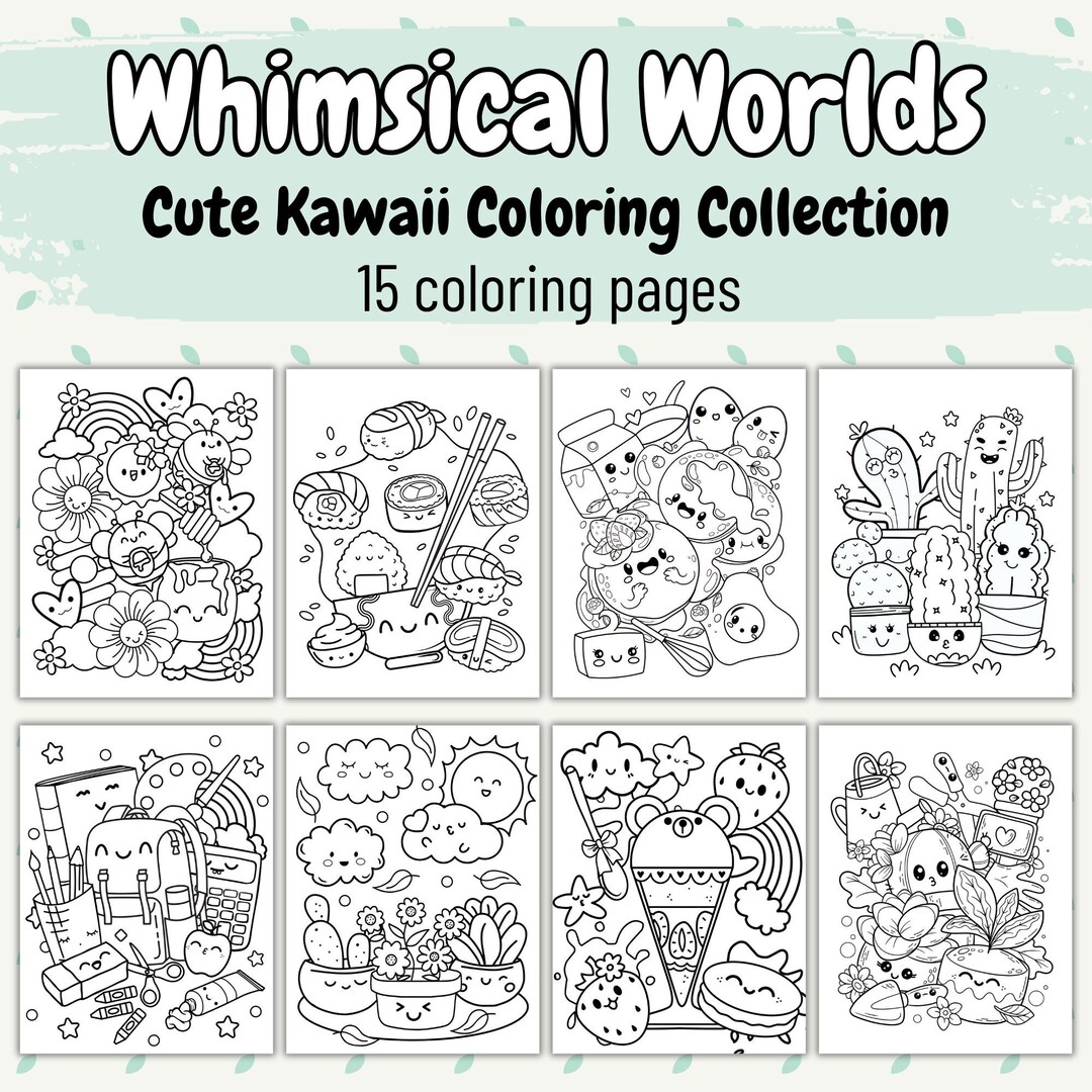 Whimsical Kawaii Coloring Pages Collection for Kids and Adults, Digital ...