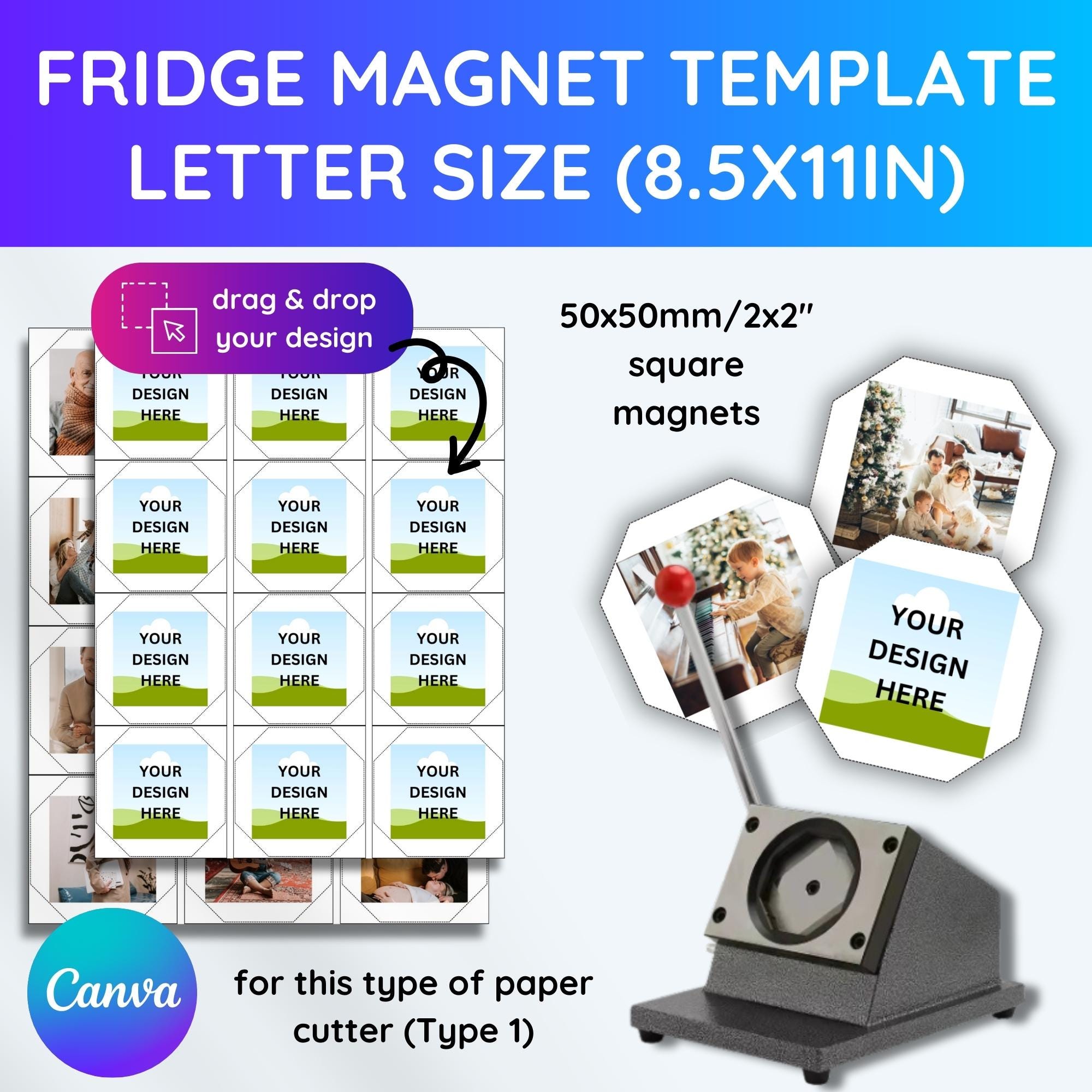 Customizable 2x2 Inch Square Photo Magnet Template for Canva - 12 Images per Sheet, 50x50mm ...