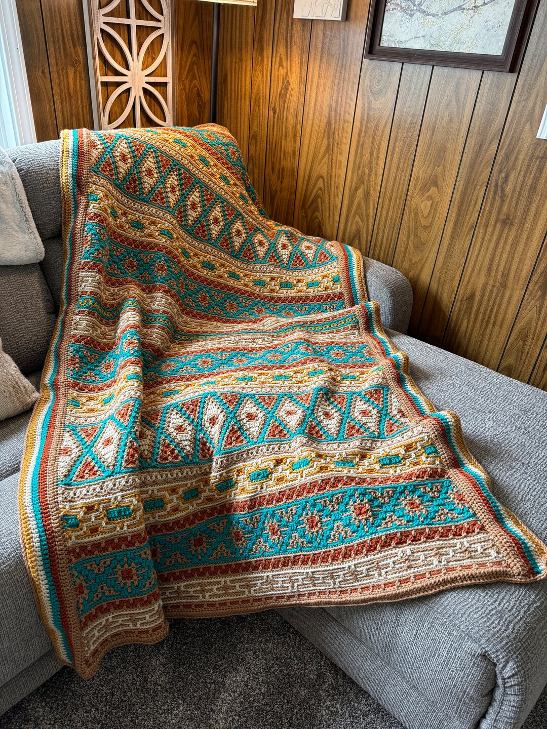 Aztec Print Blanket, Yellowstone Inspired Blanket, Mozaic Crochet, Twin ...