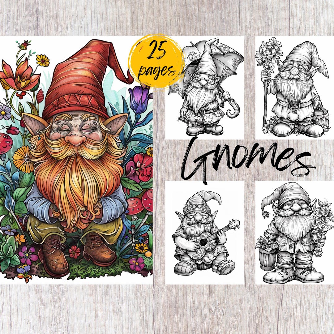 25 Gnome Coloring Pages, Printable Coloring Book PDF, Garden Coloring ...