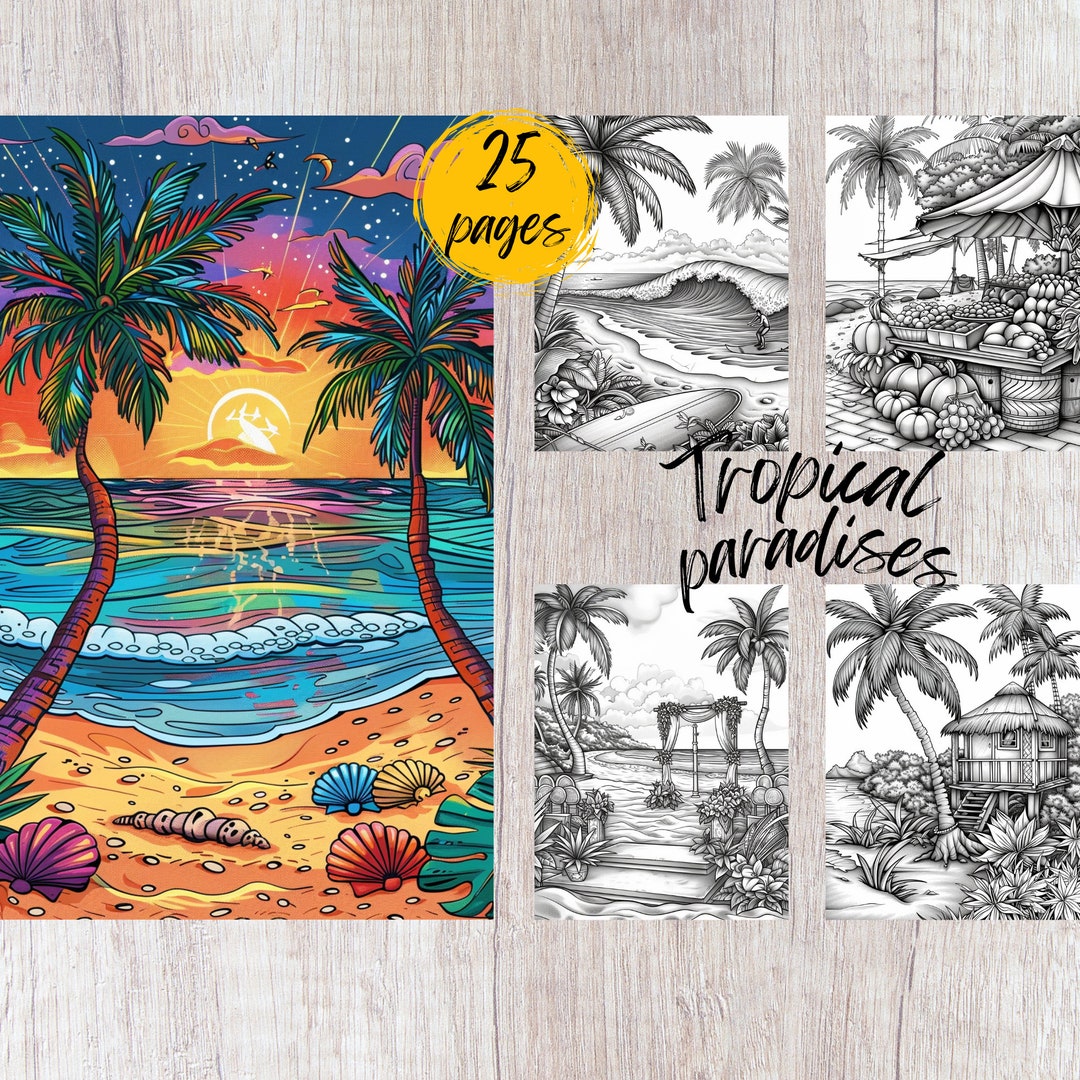25 Tropical Paradise Coloring Pages, Printable Coloring Book PDF ...