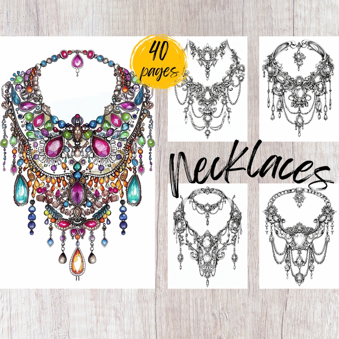 40 Necklace Coloring Pages, Printable PDF, Jewellery Coloring Book, Gem ...