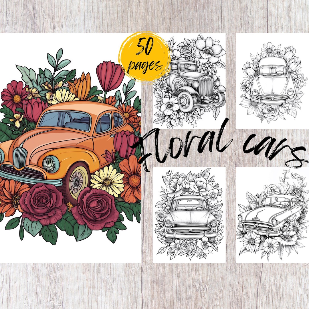 50 Floral Car Coloring Pages, Printable Coloring Book PDF, Mandala ...