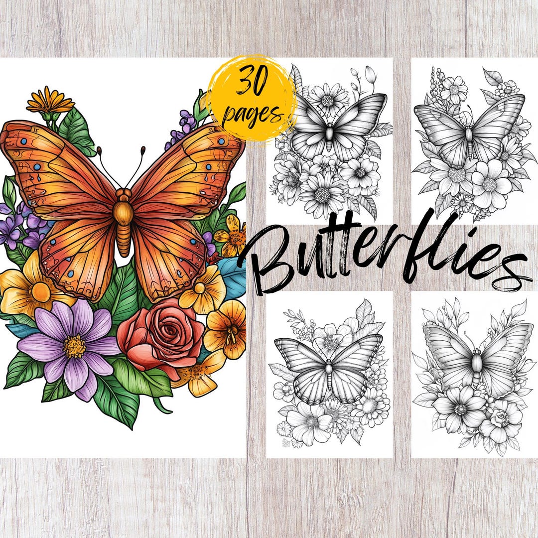 30 Butterfly Coloring Pages, Printable Coloring Book PDF, Flower ...