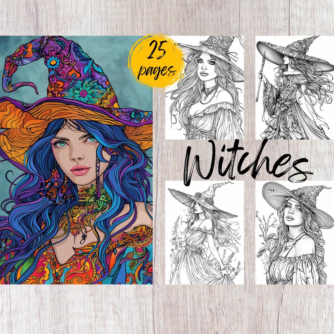 25 Witch Coloring Pages, Printable Coloring Book PDF, Beauty Coloring ...