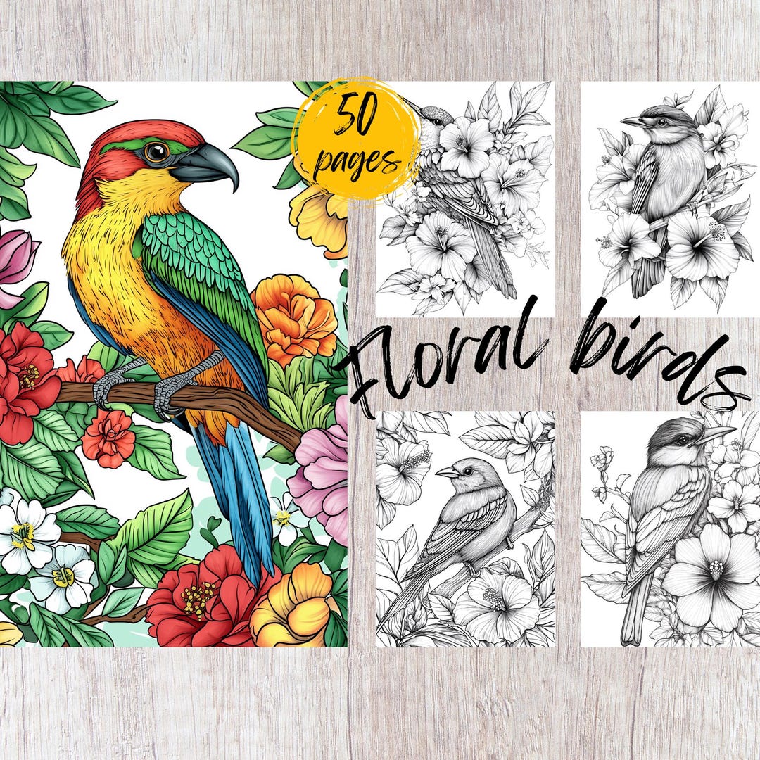50 Floral Bird Coloring Pages, Printable Coloring Book PDF, Flower ...