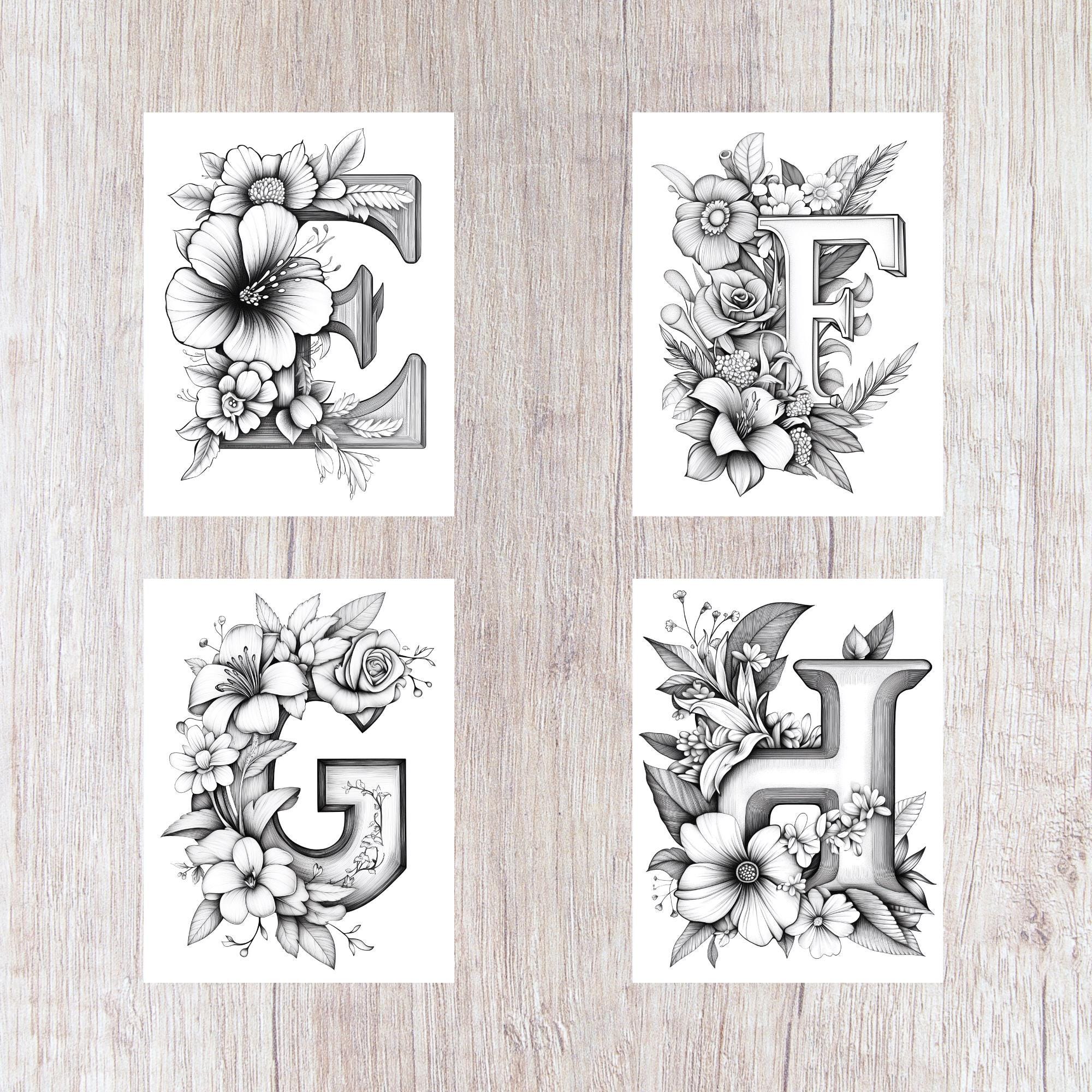 26 Floral Alphabet Coloring Pages, Printable Coloring Book PDF, Flower ...