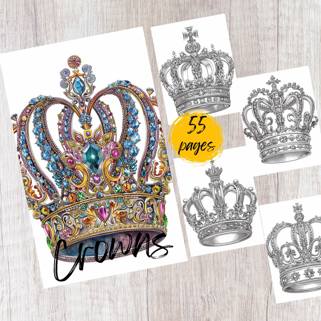 55 Crown Coloring Pages, Printable Coloring Book PDF, Gem Coloring ...