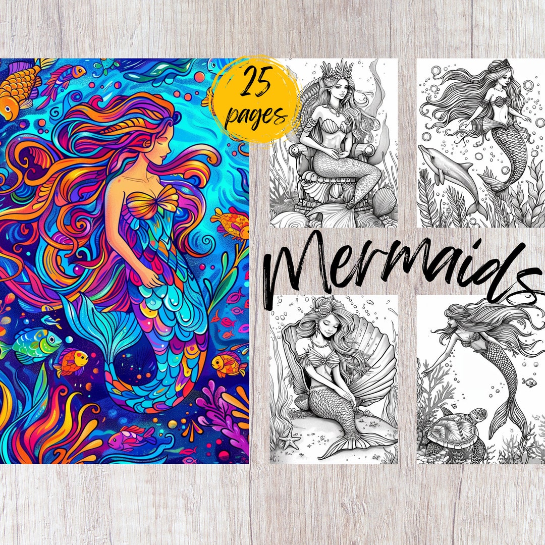 25 Mermaid Coloring Pages, Printable Coloring Book PDF, Underwater ...