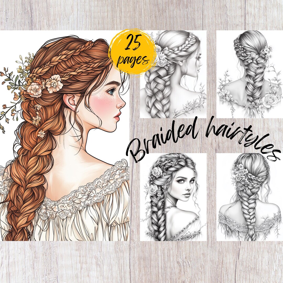 25 Braided Hair Coloring Pages, Printable Coloring Book PDF, Women ...