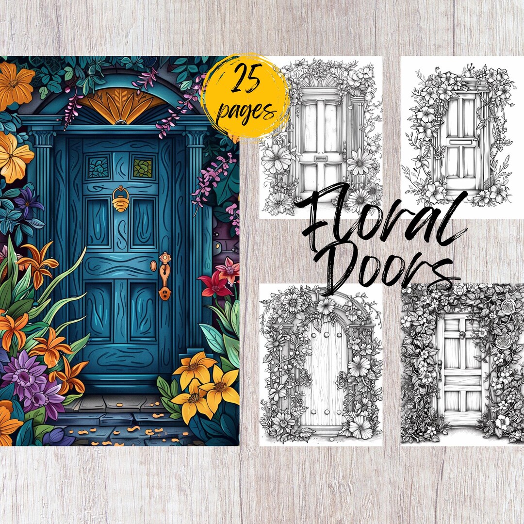 25 Floral Door Coloring Pages, Printable Coloring Book PDF, Flower ...