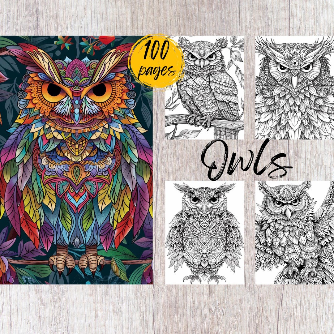 100 Owl Coloring Pages, Printable Coloring Book PDF, Mandala Coloring ...