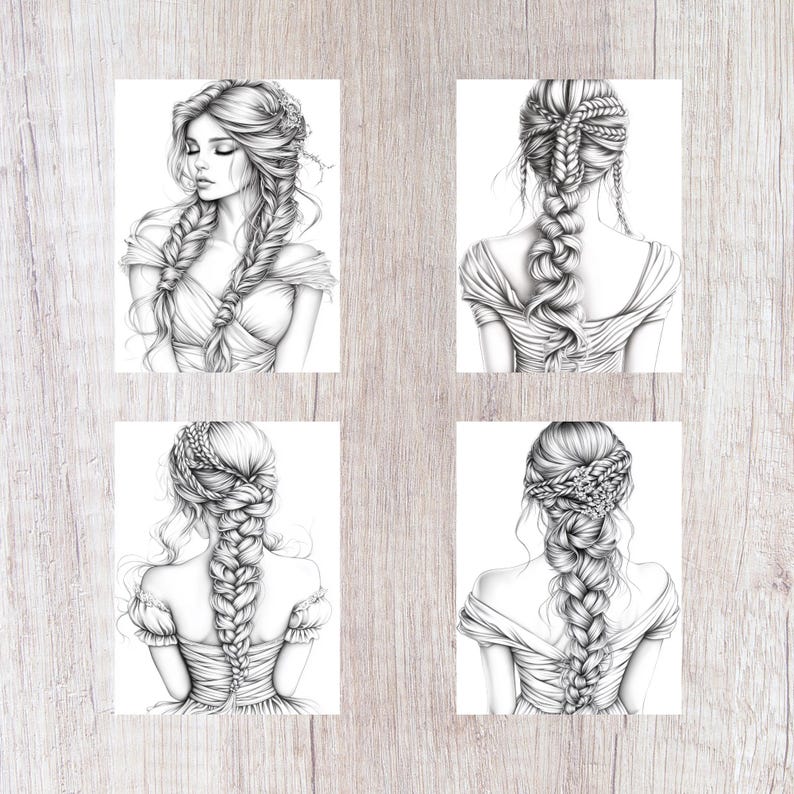 25 Braided Hair Coloring Pages, Printable Coloring Book PDF, Women ...