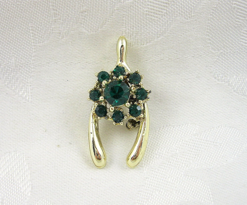 Vintage Wishbone Brooch Floral Rhinestone Emerald Goldtone - Etsy