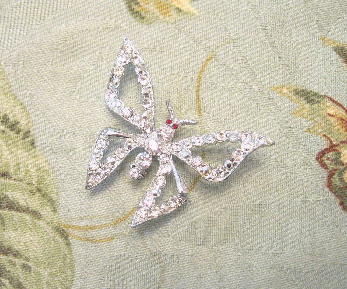 Vintage Rhinestone Butterfly Brooch Crystal Silvertone - Etsy