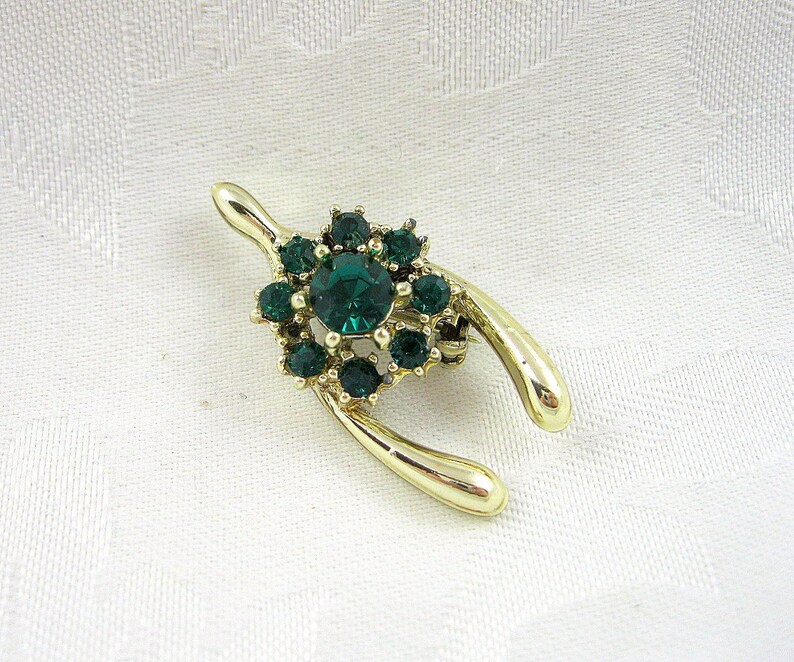 Vintage Wishbone Brooch Floral Rhinestone Emerald Goldtone | Etsy