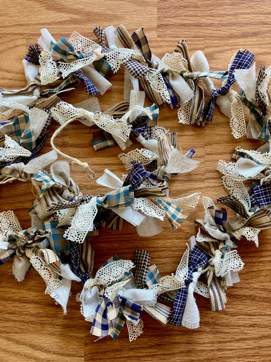 Country / Farmhouse Rag Garland, Primitive Homespun Fabric, Blue, Linen ...