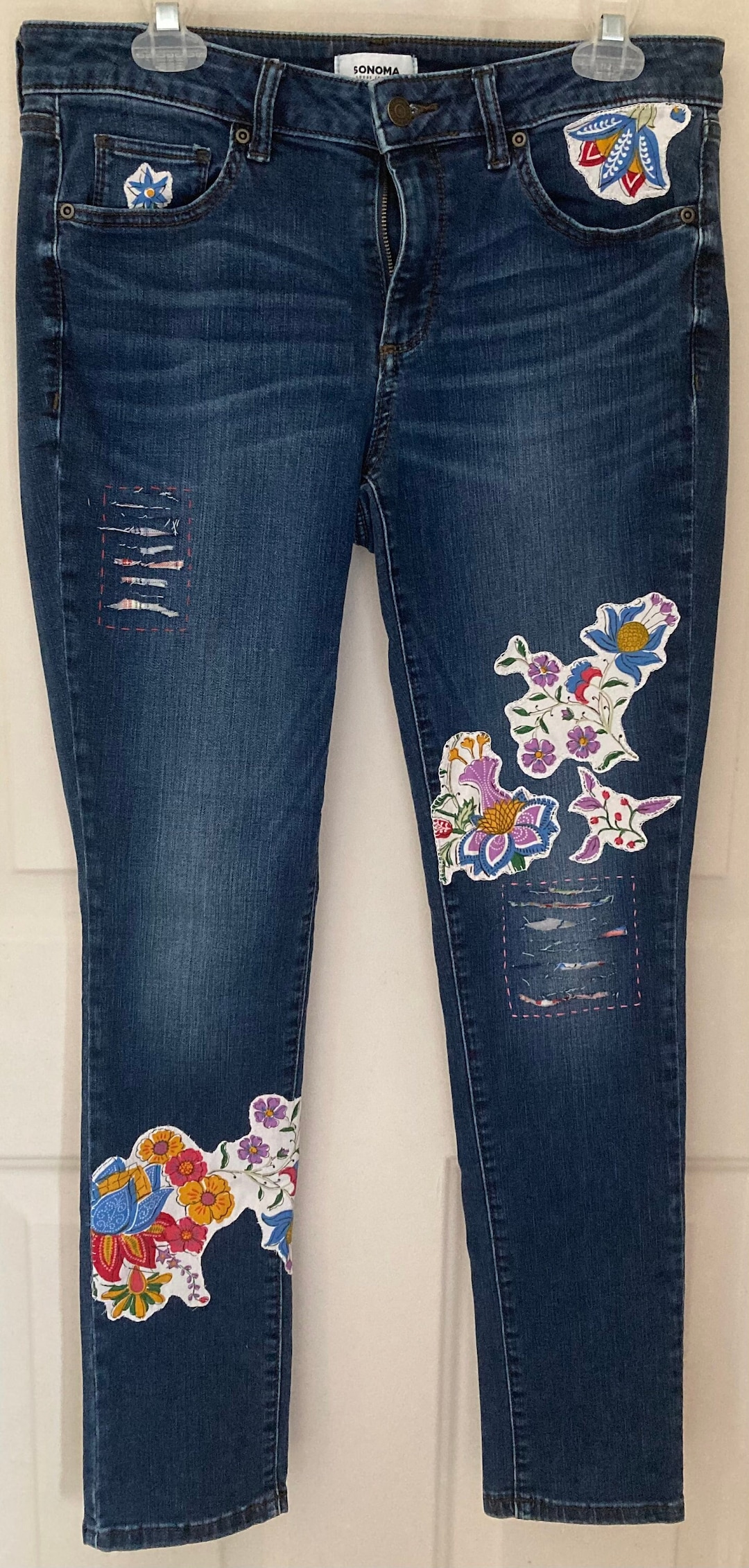 Upcycled Art Jeans Boho Floral Applique Hand Stitched Distressed Size ...