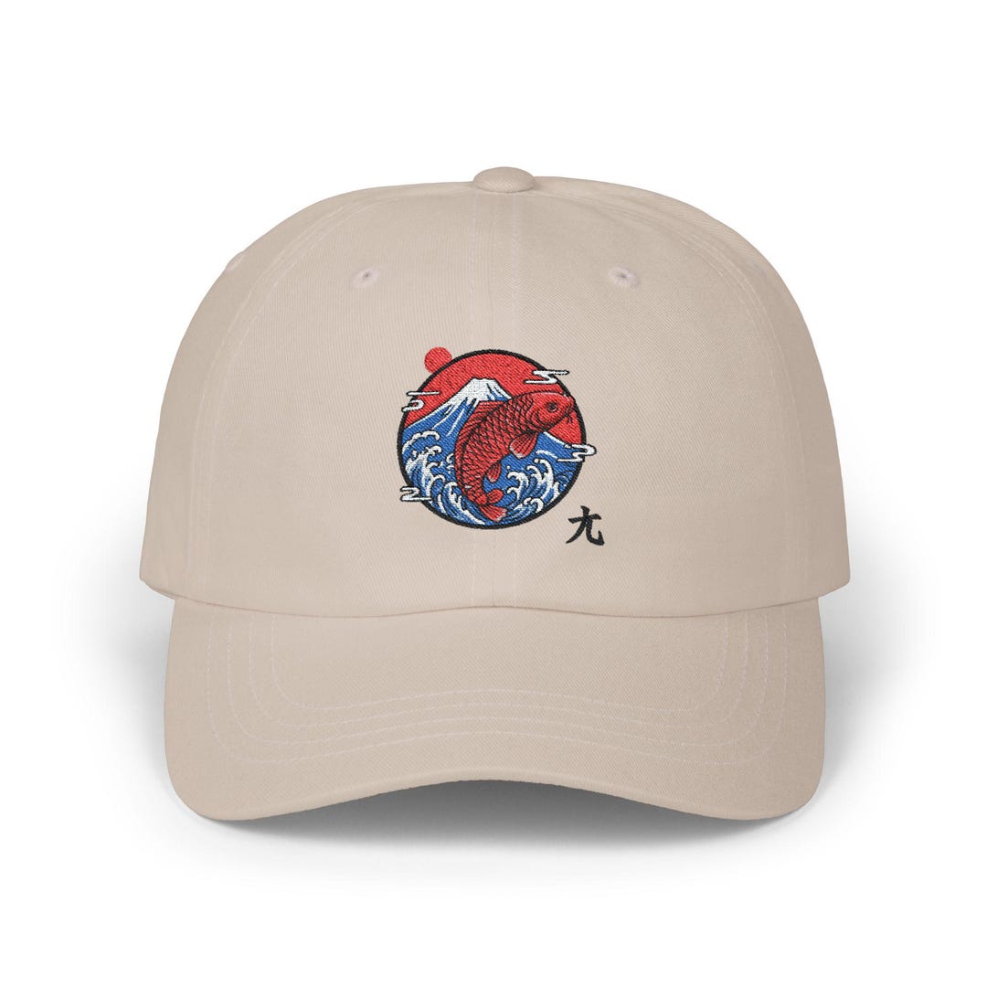 Minimalist Koi Fish & Fuji Mountain Embroidered Cap | Japanese Art Dad ...