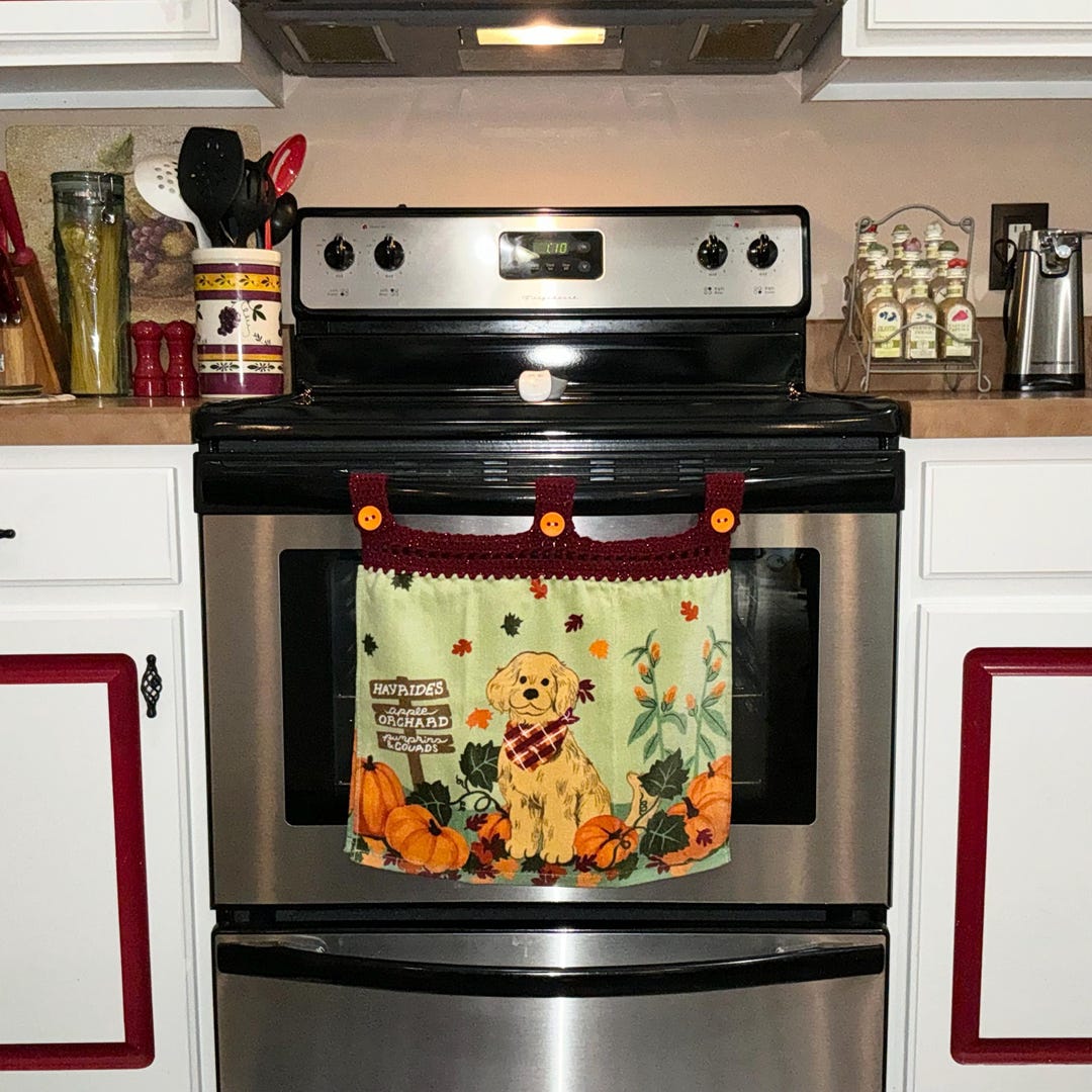 Fall Dog Plush Oven Door Curtain Towel: Crocheted Top Double Layer ...