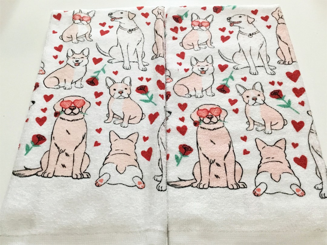 DOGS, HEARTS, ROSES Set of 2 Thick Cotto Kitchen Towels, Dish Towel ...