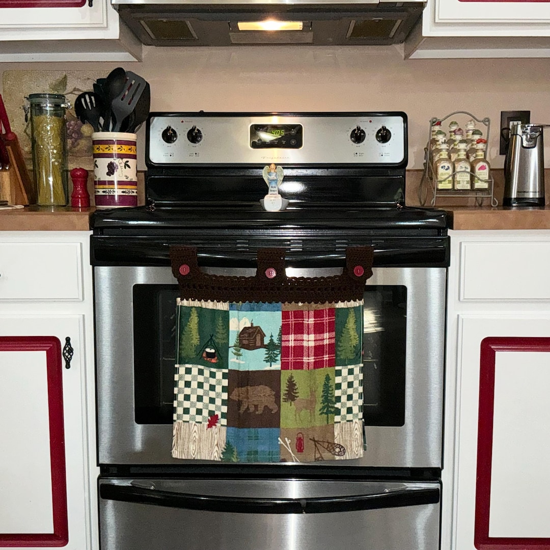 Woodland Cabin Plush Oven Door Curtain Towel: Crocheted Top Double ...