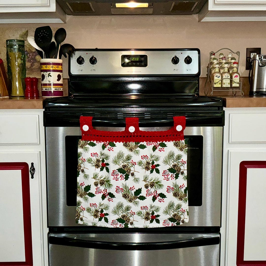 Pine Cones and Holly Oven Door Curtain Towel: Crocheted Double Layered ...
