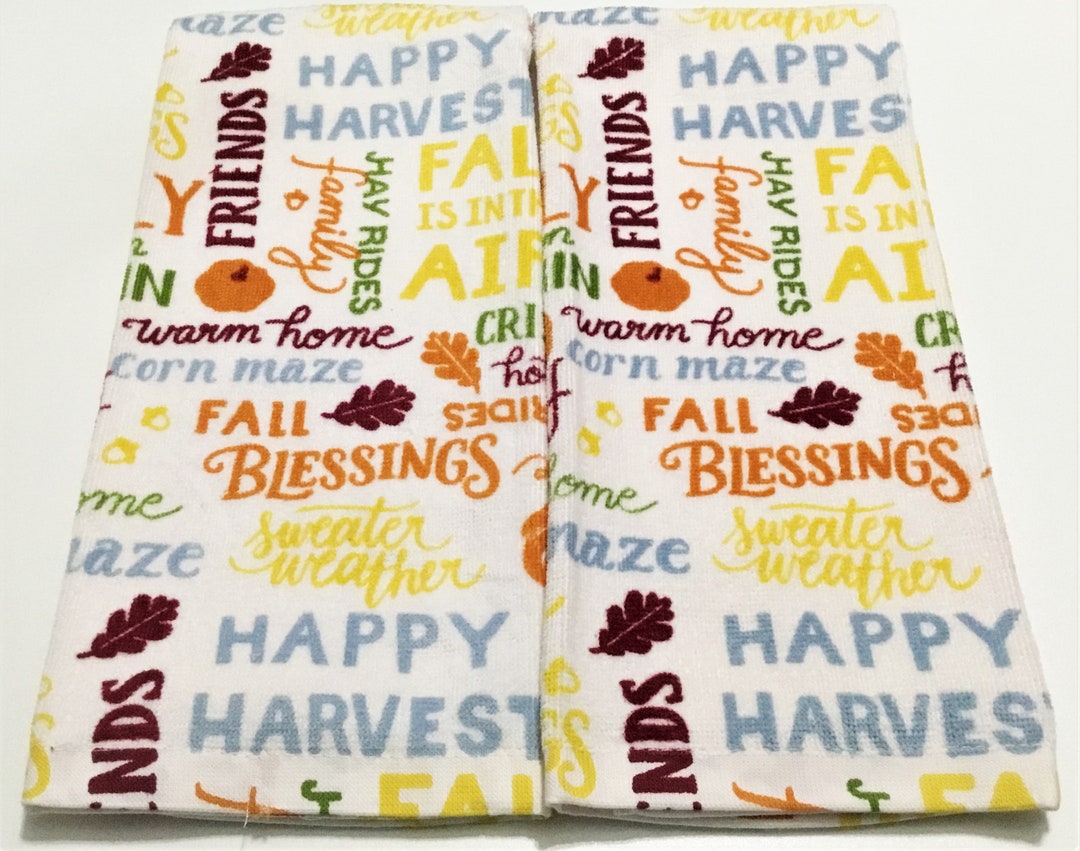 FALL HARVEST WORDS Set of 2 Plush Cotton Kitchen Towels, Dish Towel ...