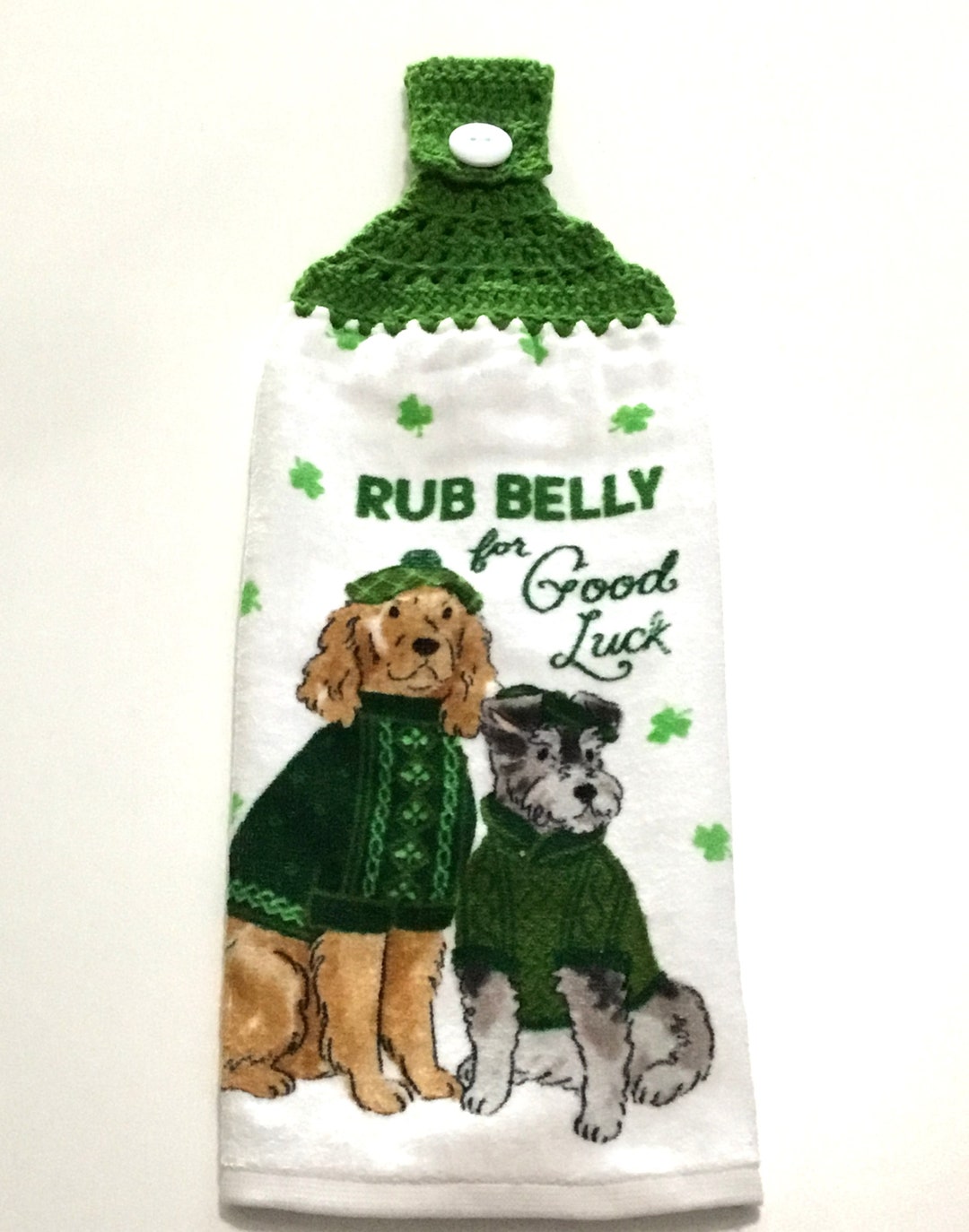 Rub Belly for Good Luck, Dog Plush Double Layer Hanging Crochet Towel ...