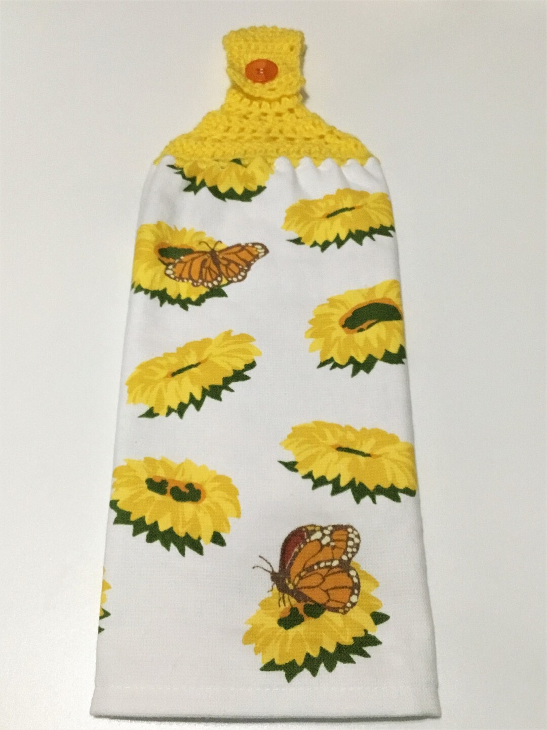 SUNFLOWERS AND BUTTERFLIES Plush Double Layer Hanging Crochet Towel ...