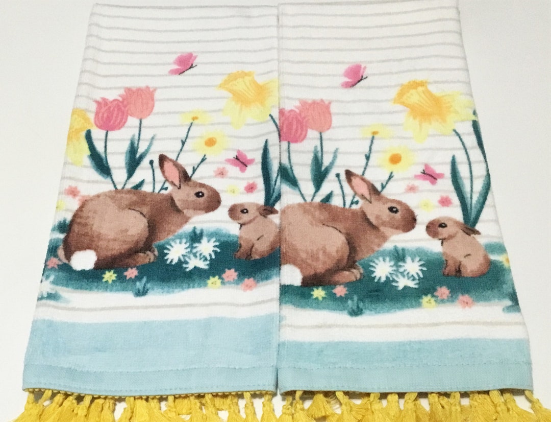 Bunnies and Flowers Set of 2 Plush Cotton Kitchen Towels, Dish Towel ...