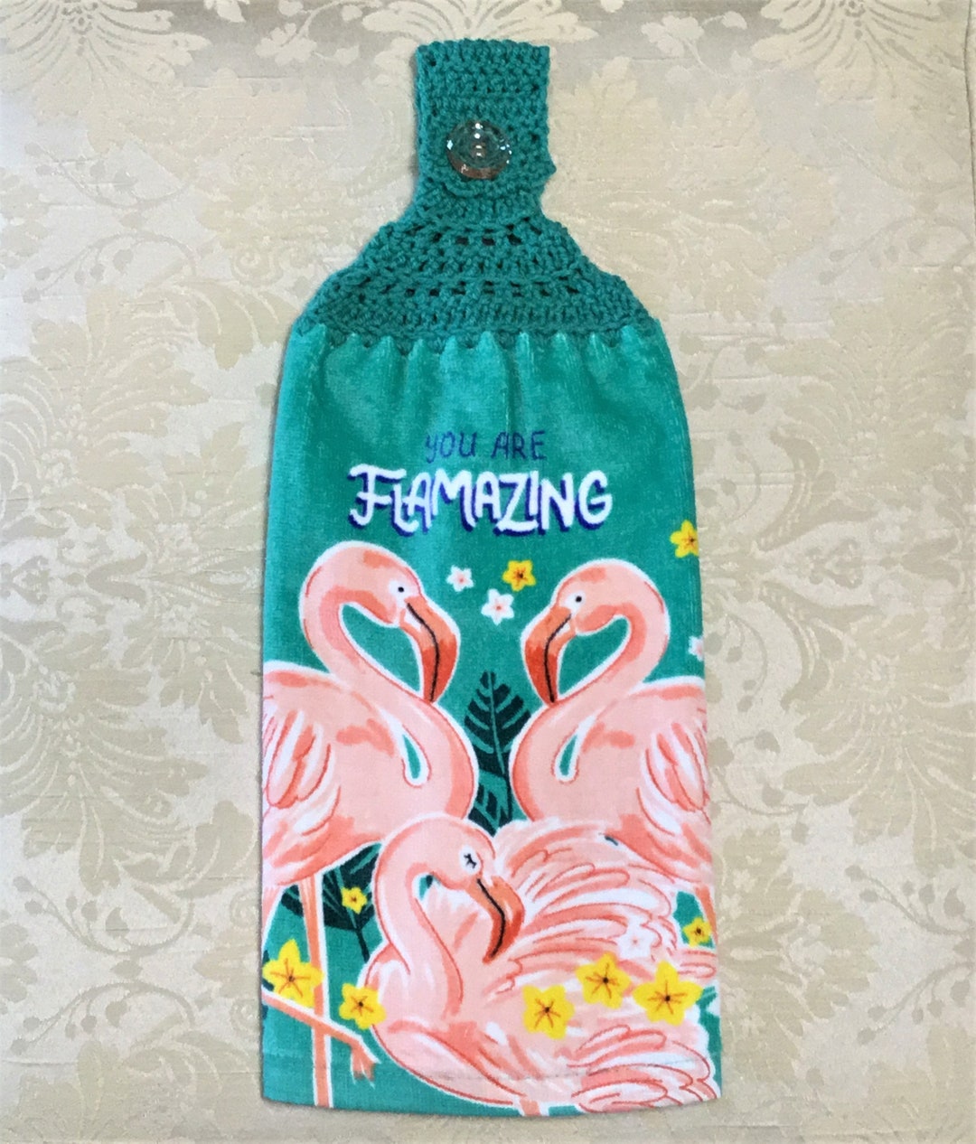 YOU ARE FLAMAZIN Plush Double Layer Hanging Crochet Towel, Flamingo ...