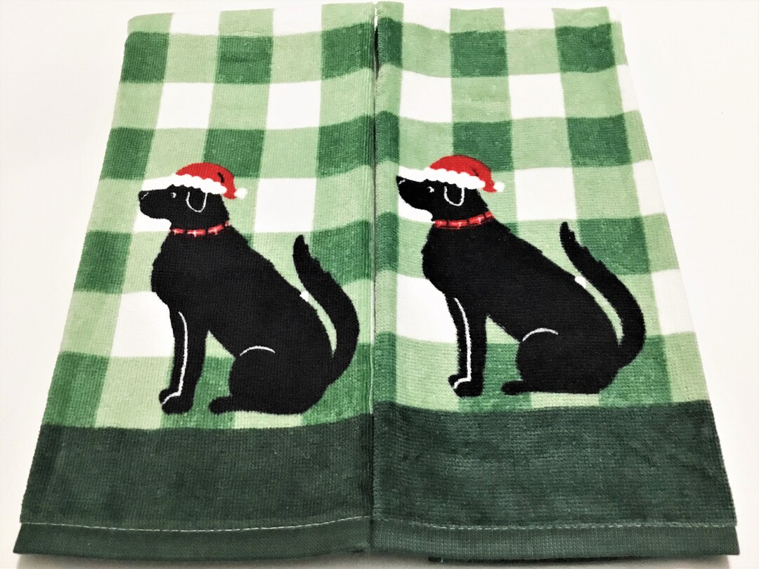 CHRISTMAS BLACK LAB on Pine Green Check Set of 2 Extra Plush Kitchen ...