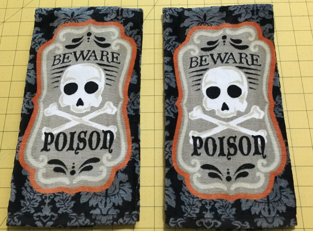 Beware Poison Skull and Crossbones Set of 2 Plush Cotton Kitchen Towels ...