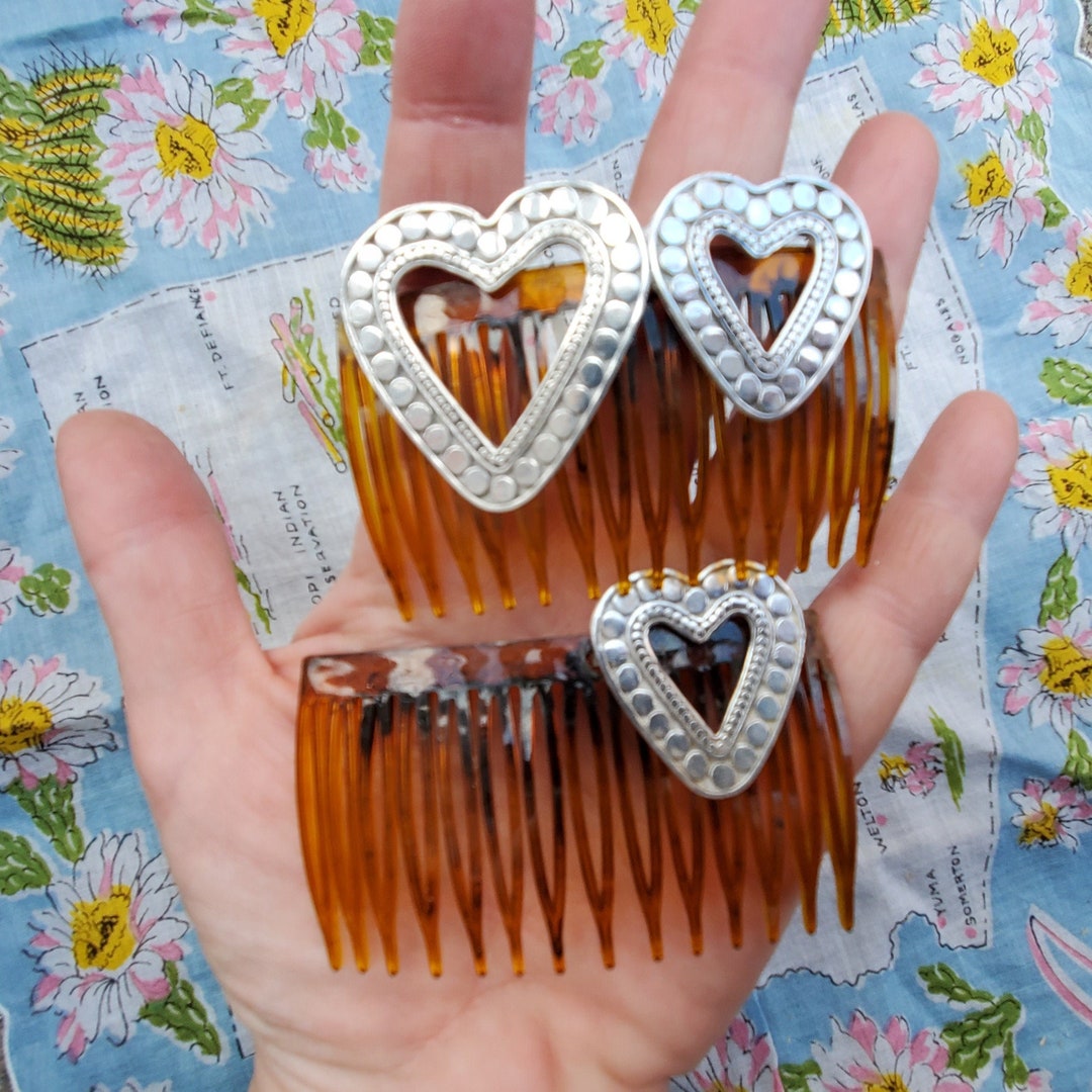 Vintage Sterling Silver Heart Hair Comb Set - Etsy