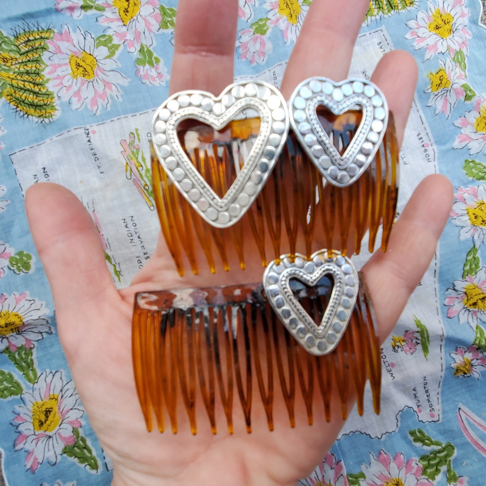 Vintage Sterling Silver Heart Hair Comb Set - Etsy