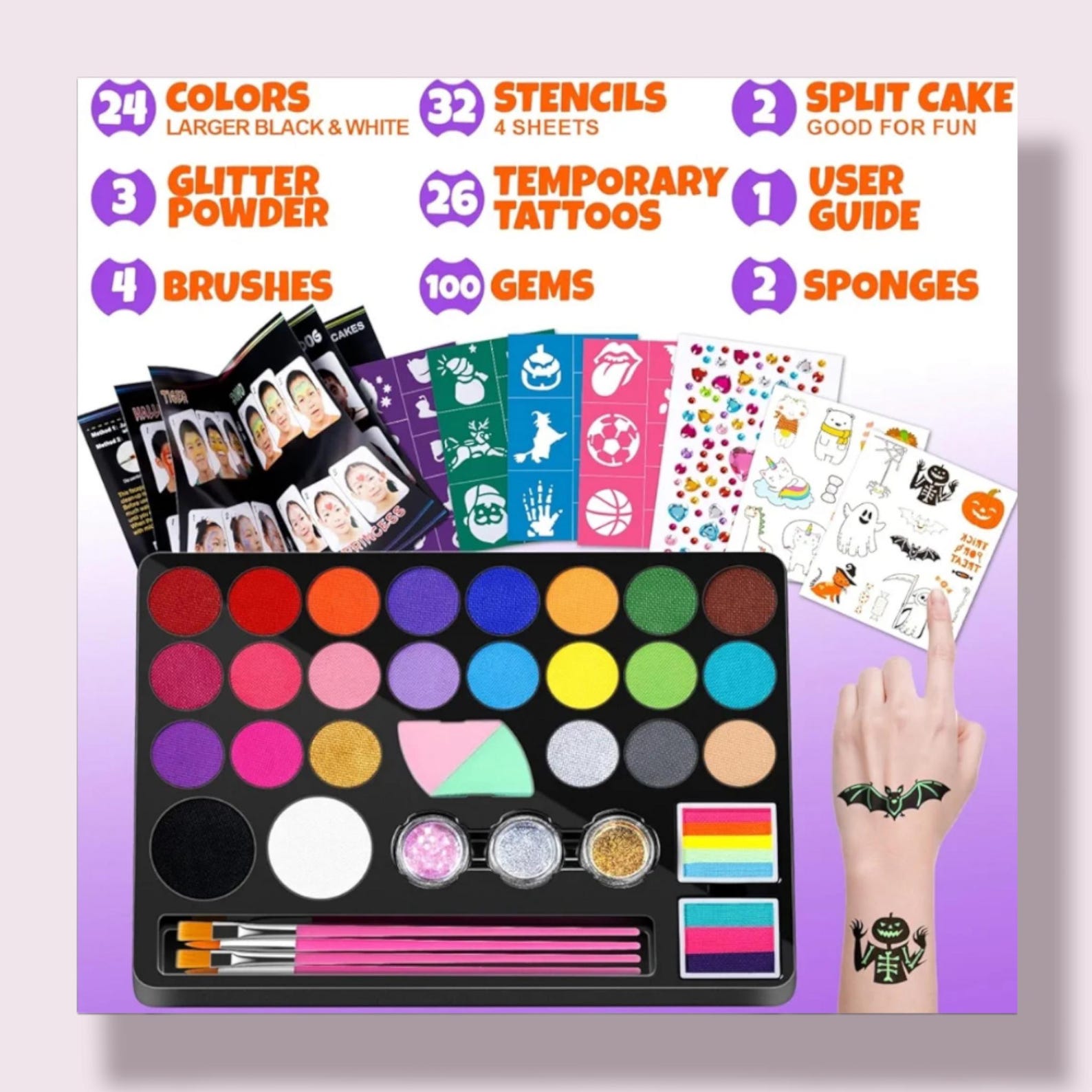 Kids Face Painting Kit – 24 Non-toxic Water-based Colors With Stencils ...