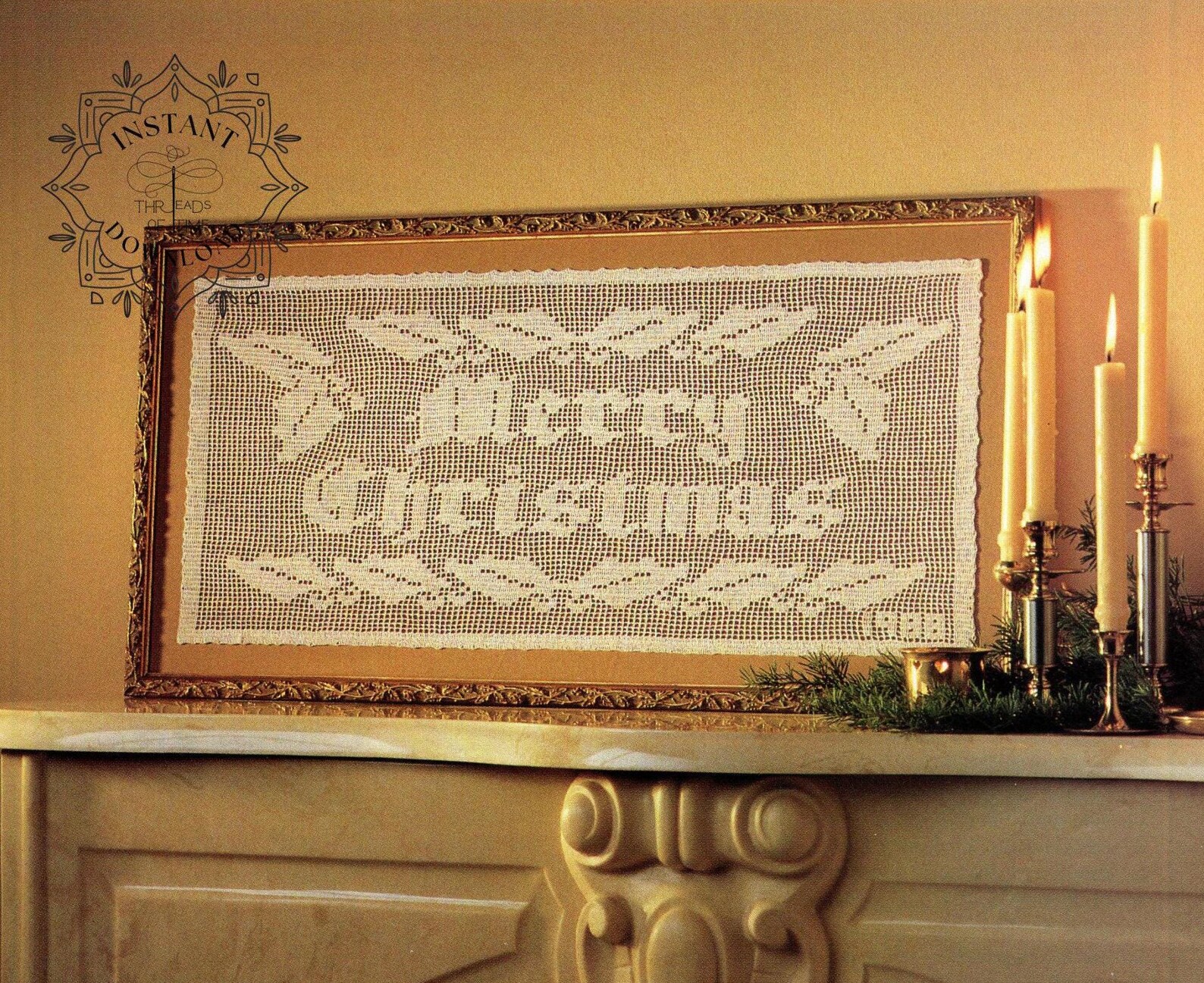 Merry Christmas Vintage Filet Crochet Pattern Minimal Doily Holiday ...