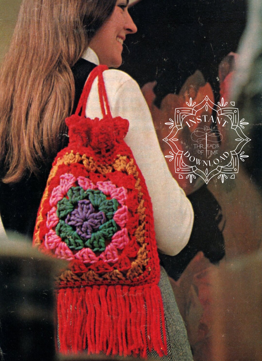 Vintage Crochet Pattern DIY Granny Square Drawstring Purse Backpack ...